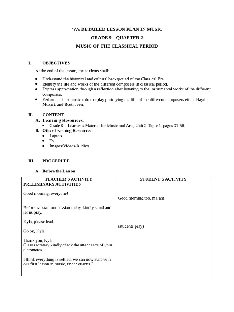Grade 9 Classical Music Lesson Plan | PDF | Classical Period (Music ...