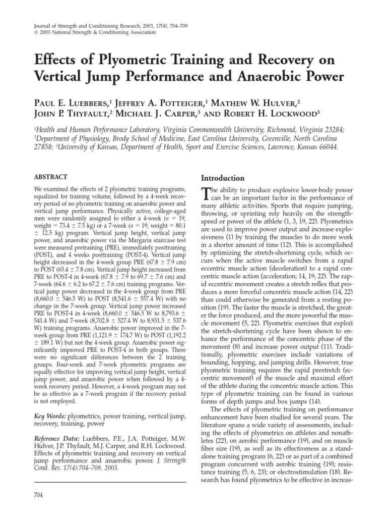Effects of Plyometric Training and Recovery On Vertical Jump Performance and Anaerobic Power ...