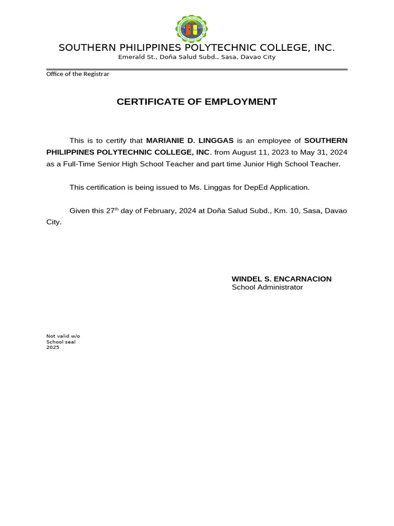 Certificate of Employment Sample | PDF