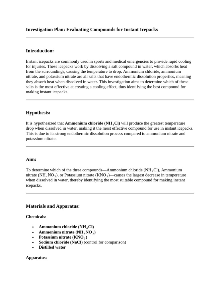 Investigation Plan Report On Icepacks | PDF | Sodium Chloride | Ammonium