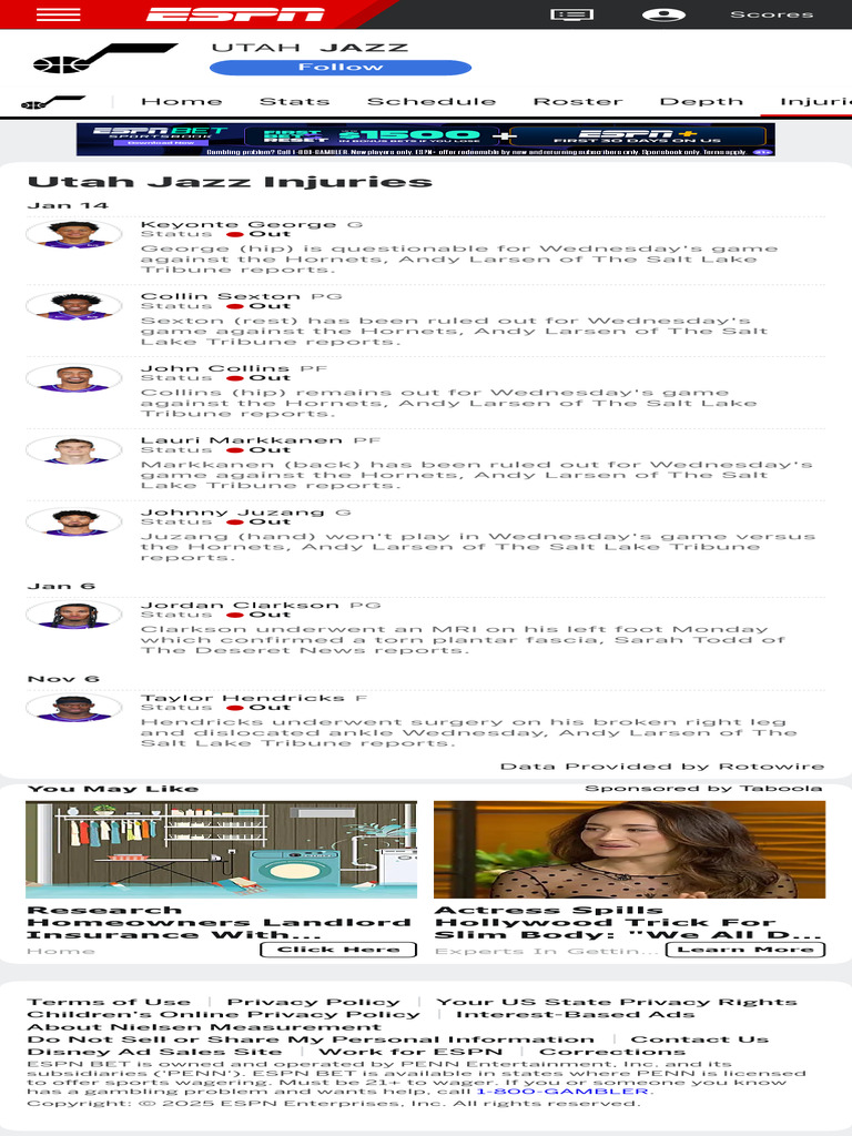 Utah Jazz Injury Status - ESPN | PDF