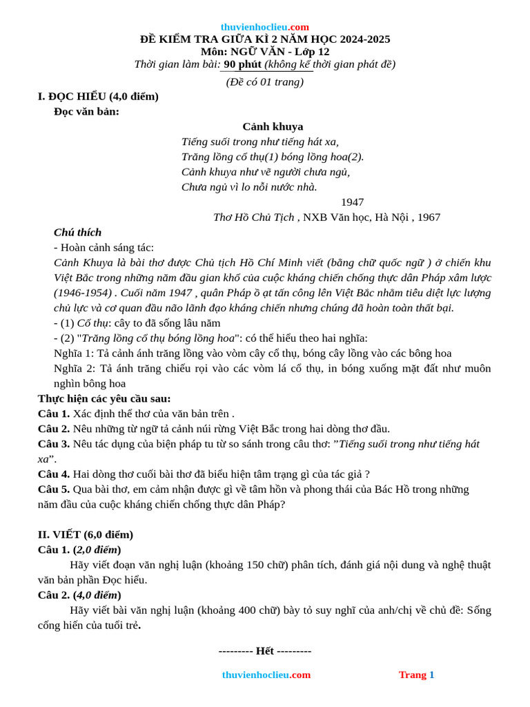 De Kiem Tra Giua HK2 Ngu Van 12 KNTT 24 25 | PDF