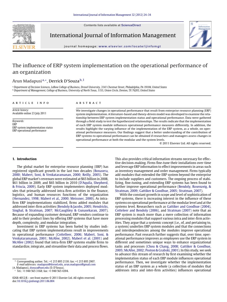 The Influence Of Erp System Implementation On The Operational Performance Of An Organization