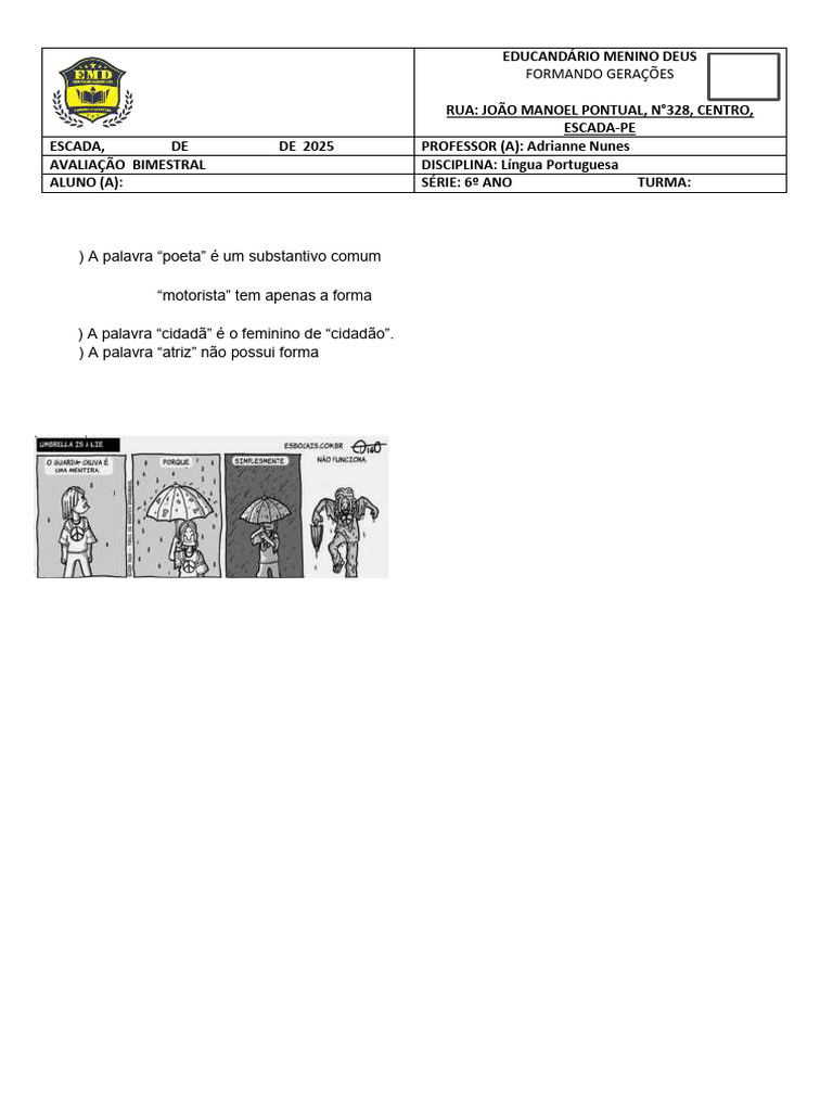 Prova - I Bimestre - 6º Ano | PDF