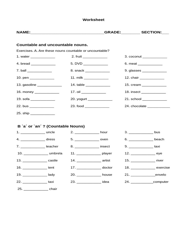Worksheet Count and Noncount | PDF