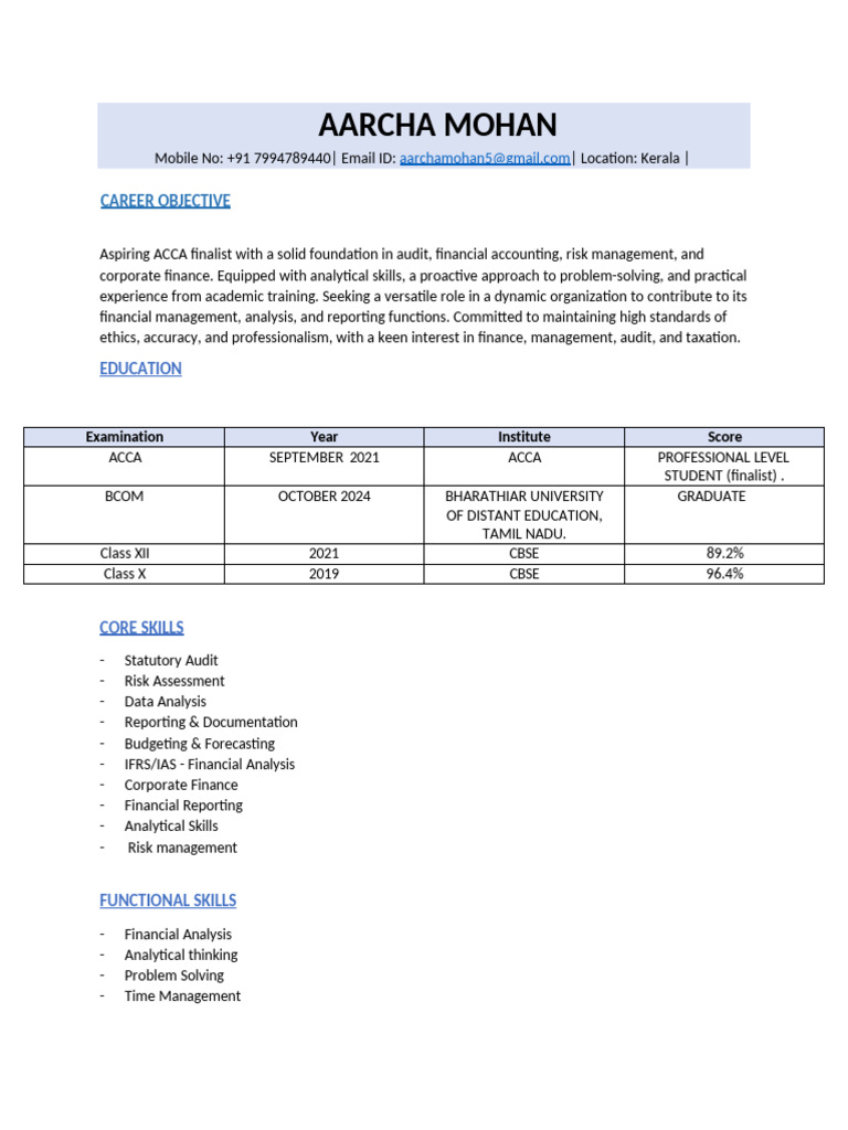 Aarcha Mohan.docx Resume | PDF