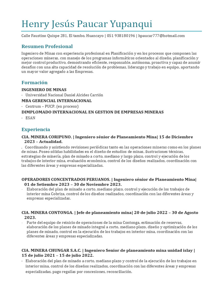 CV - Henry Jesús Paucar Yupanqui | PDF | Planificación | Minería