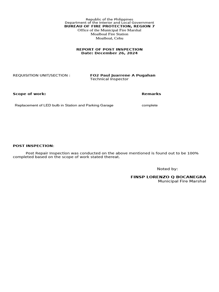 BFP Post Inspection Report PCV 012-101 | PDF