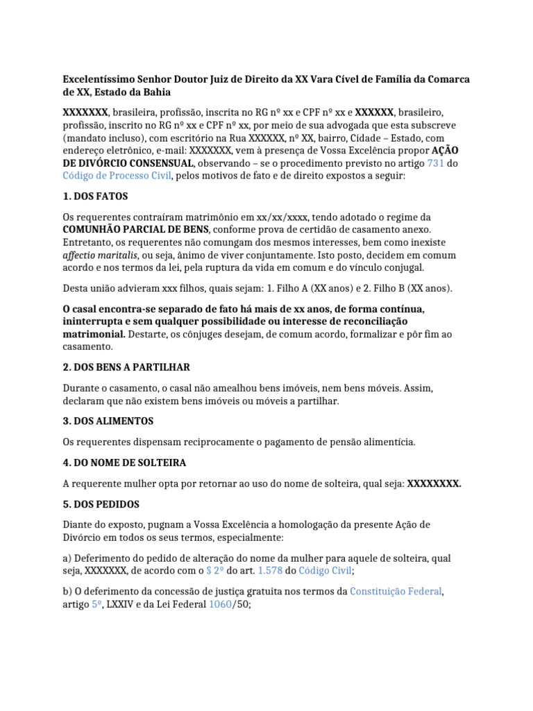 Modelo Acao de Divorcio Consensual Sem Bens Sem Filhos Menores e Acordo de Alimentos | PDF ...