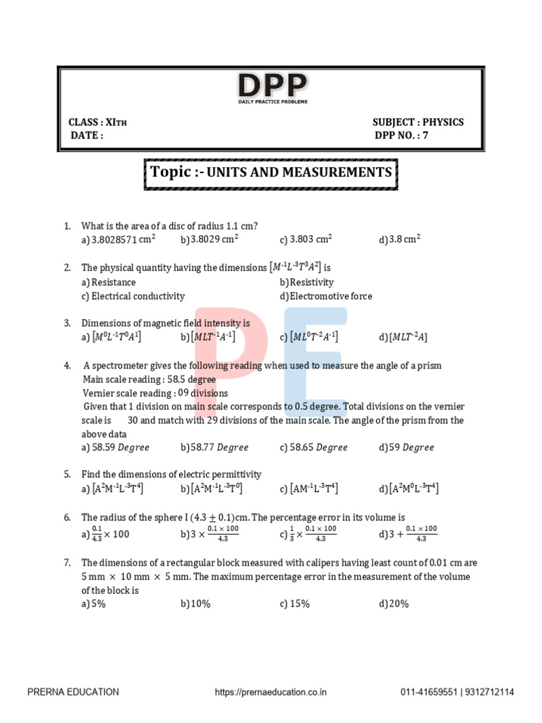Units and Measurements DPP 7 Min | PDF | Physical Quantities | Classical Mechanics