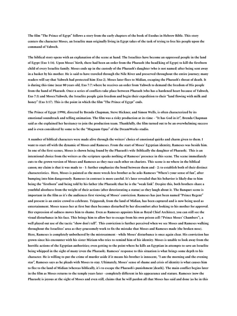 The Prince of Egypt Analysis | PDF | Moses | Book Of Exodus