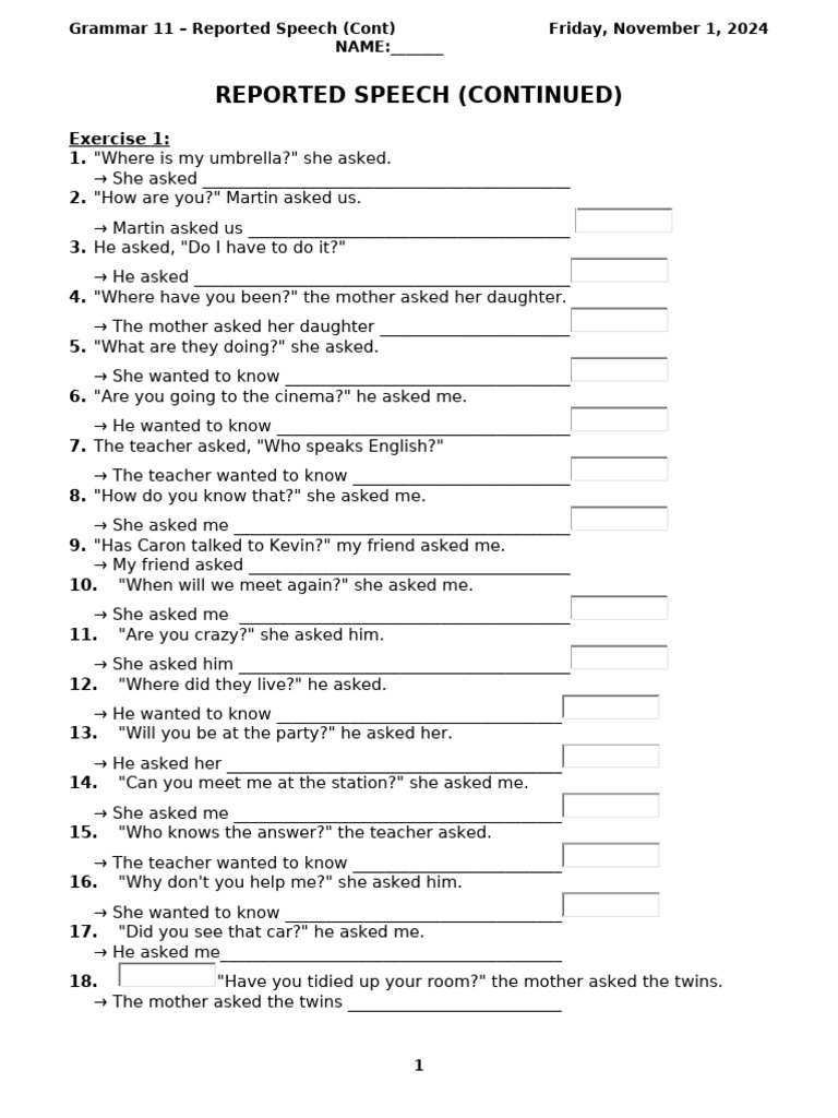 Reported Speech Exercises for Grammar 11 | PDF