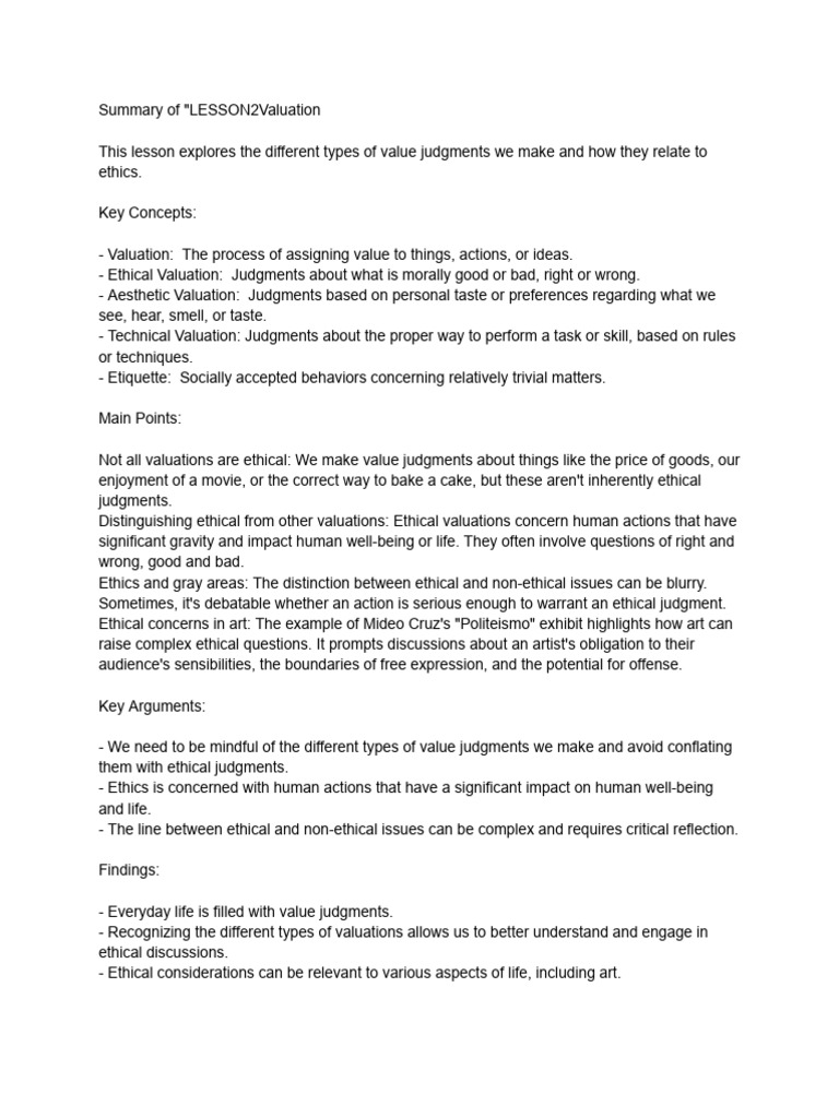 Summary of - LESSON2Valuation | PDF