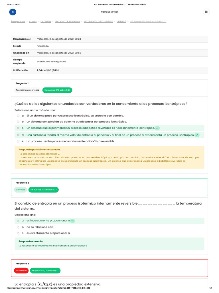 A9. Evaluación Teórica-Práctica C7 - Revisión Del Intento | PDF | Entropía | Ingeniería mecánica