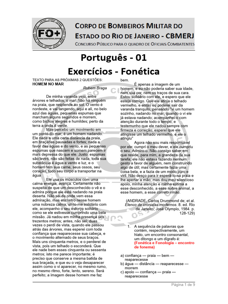 PortuguÃªs - 01 - ExercÃ_cios - FonÃ©tica | PDF | Vogal | Tungstênio