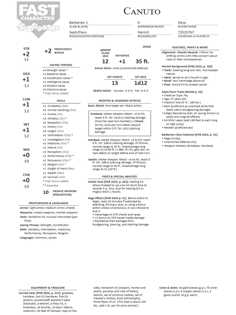 Fast Character _ Saytr_Faun Barbarian 1 _ PHB 2024 | PDF | Dungeons ...
