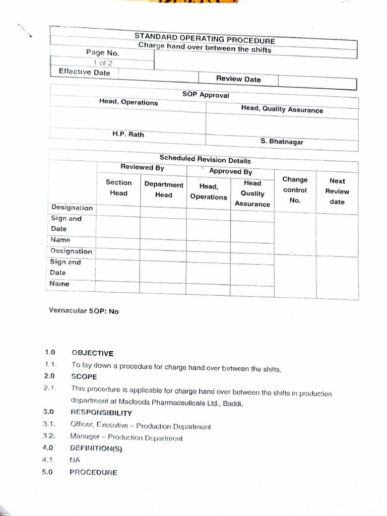 Sop of Charge Handover Between Shift | PDF | Quality | Business Process