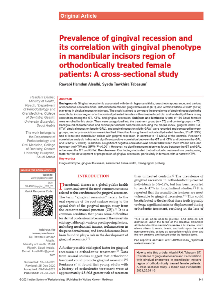 Gingival Recession in Orthodontic Patients | PDF | Periodontology ...