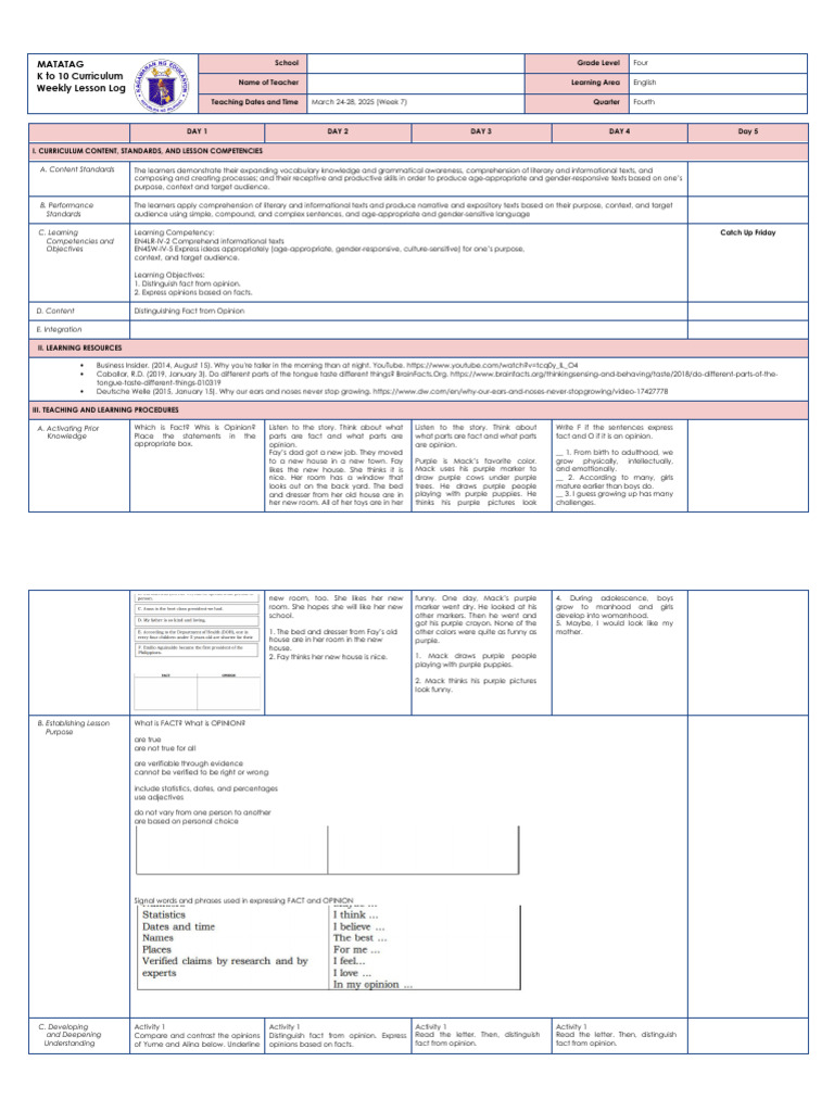 Q4 W7 English4 Le Matatag | PDF | Reading Comprehension | Learning