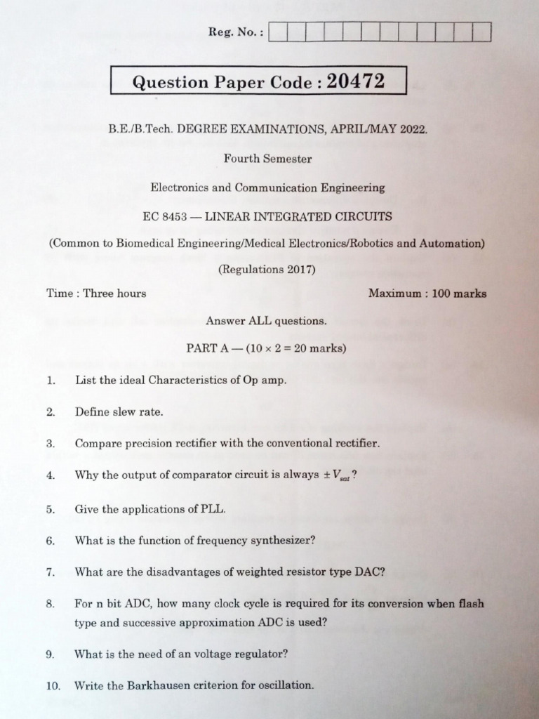 Linear Integrated Circuits Question Paper | PDF
