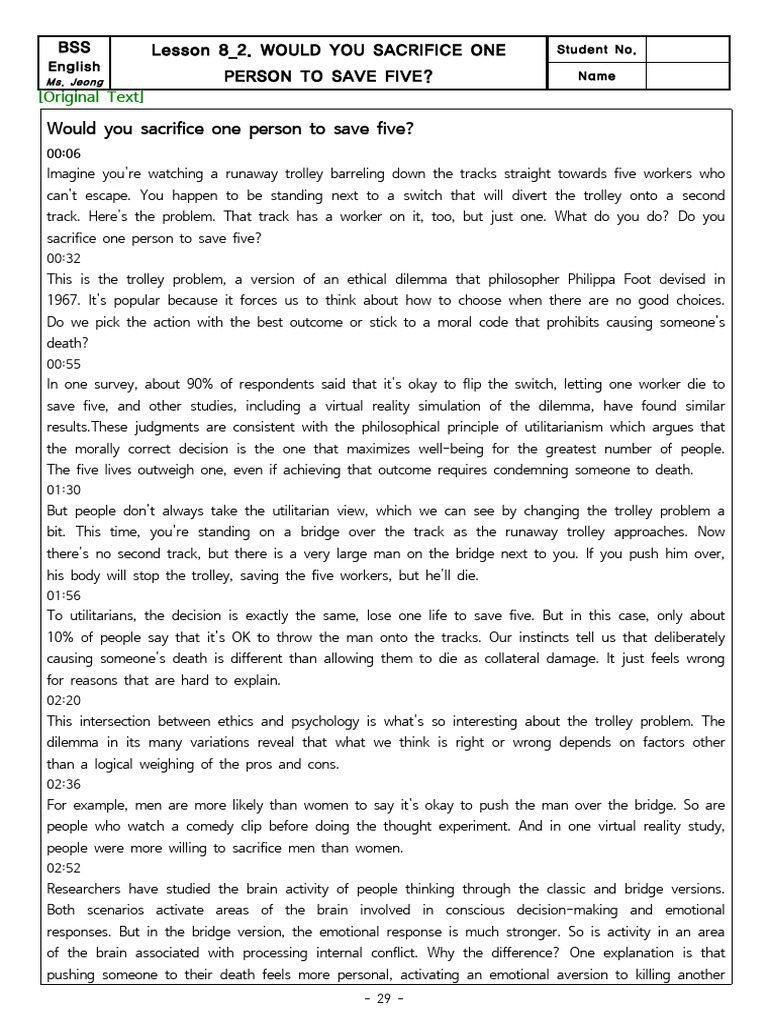 Lesson 8 - 2. WOULD YOU SACRIFICE ONE PERSON TO SAVE FIVE (p29-34 ...