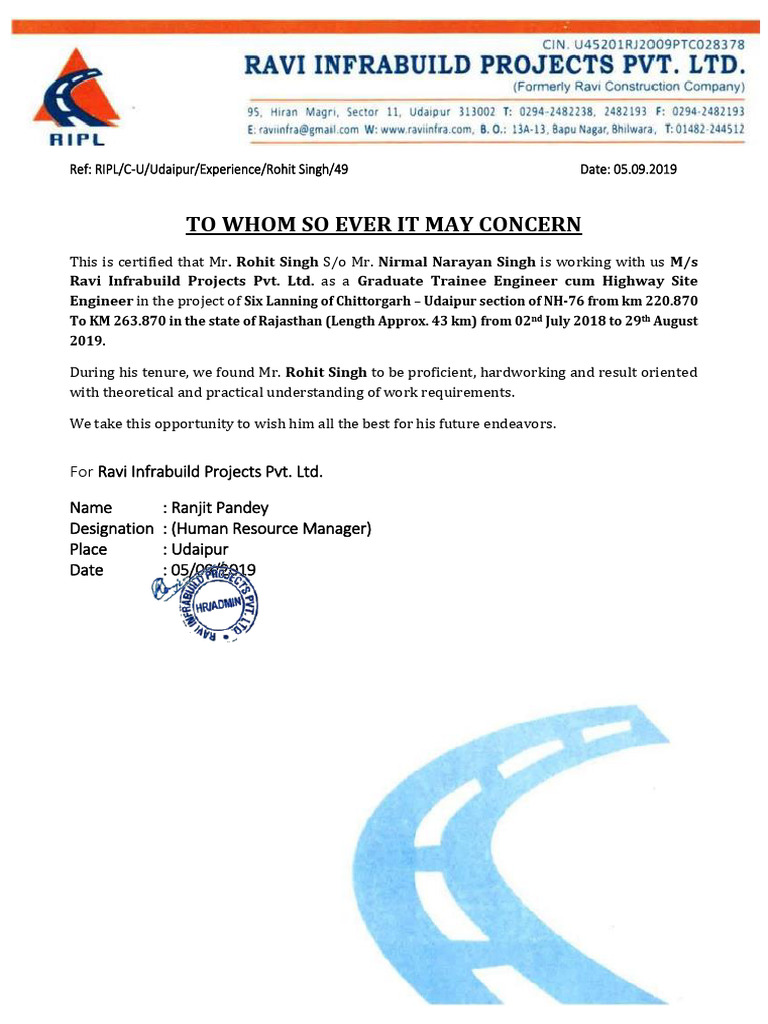 Experiance Certificate For Highway Engineer Ravi Infra | PDF