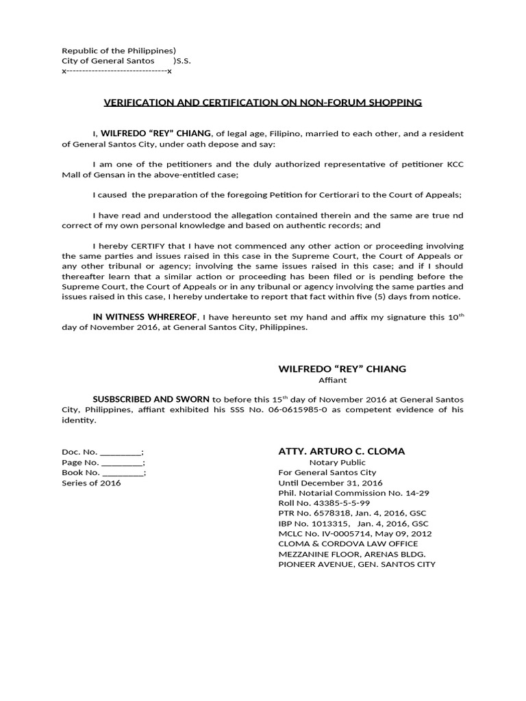 CERTIFICATION OF NON FORUM SHOPPING | PDF | Affidavit | Separation Of ...