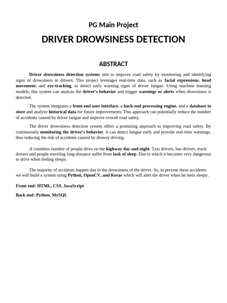 DRIVER DROWSINESS DETECTION ABSTRACT | PDF