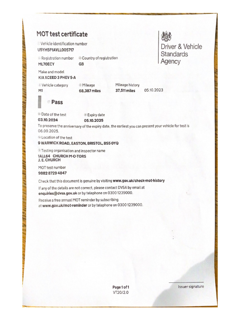 MOT Test Certificate | PDF