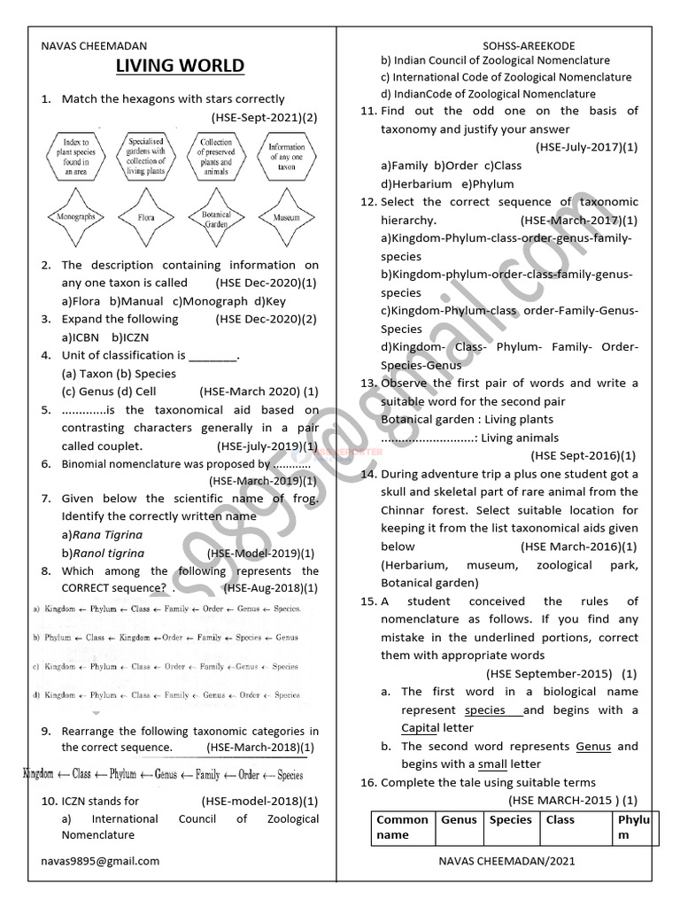 Taxonomy and Classification Questions | PDF | Genus | Taxonomy (Biology)