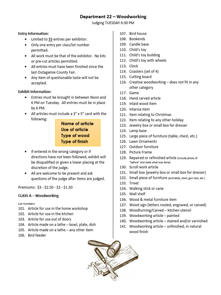 Dept.-OC-22-Woodworking-revised-for-2025 | PDF | Woodworking | Furniture