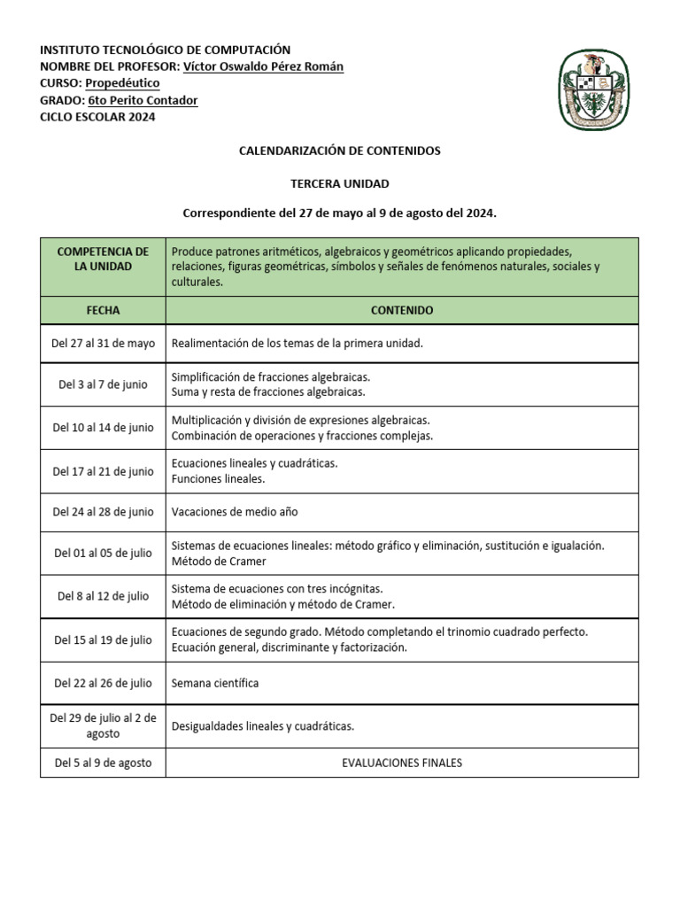 Cronograma 6to Perito Propedeutico Tercera Unidad | PDF | Ecuaciones | Factorización