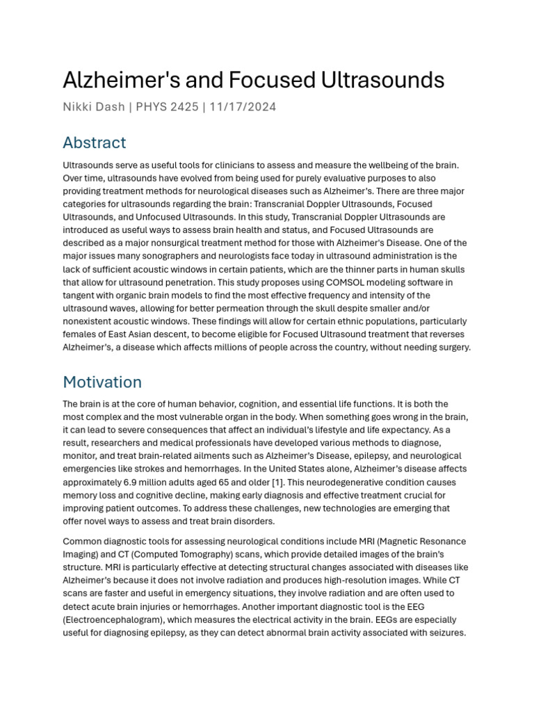 Alzheimer's and Focused Ultrasounds by Nikki Dash | PDF | Sound | Attenuation