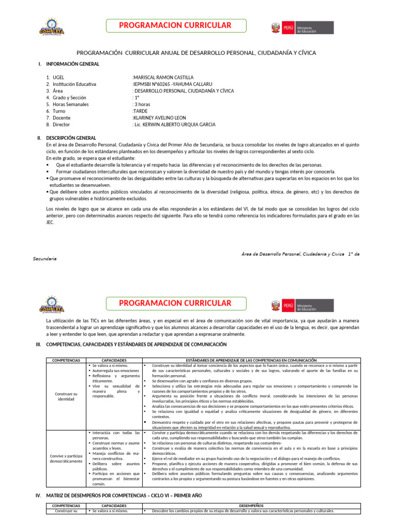 1ro Programacion Anual DPCC | PDF | Enseñando | Entorno natural