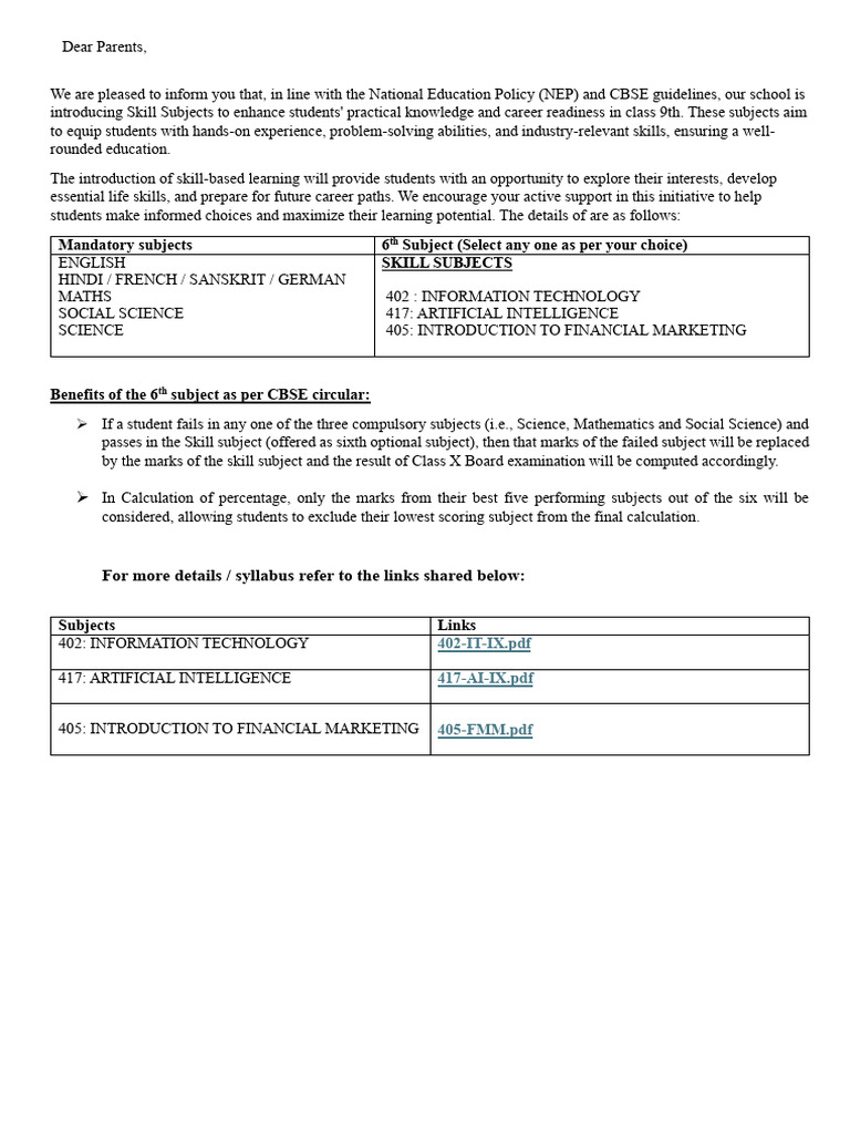 Introduction of Skill Subjects in Class 9 | PDF
