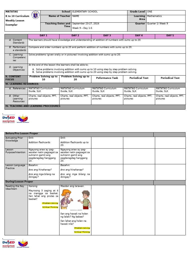 Q1-LE-MATATAG WEEK9 Math | PDF