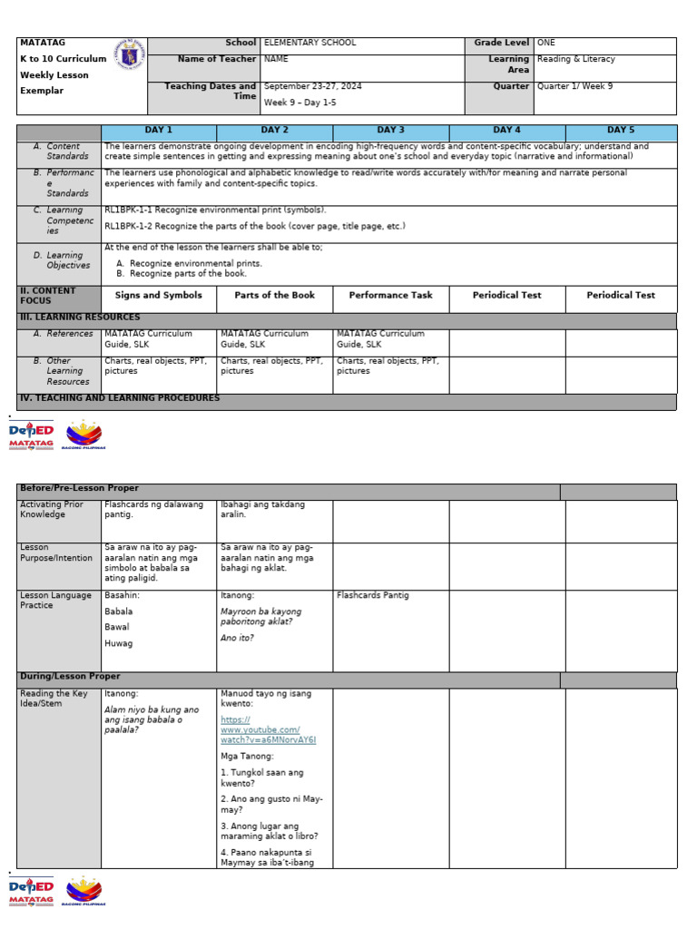 Grade 1 Reading Lesson Plan: Week 9 | PDF | Learning | Psycholinguistics