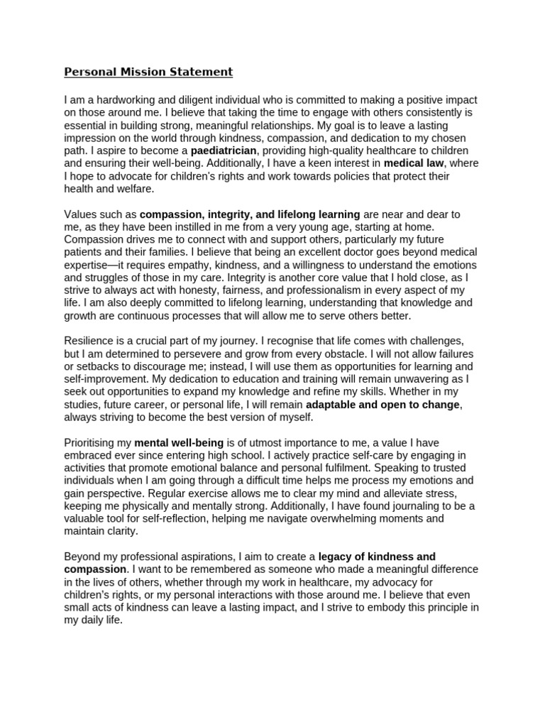 Personal Mission Statement | PDF | Compassion | Personal Development