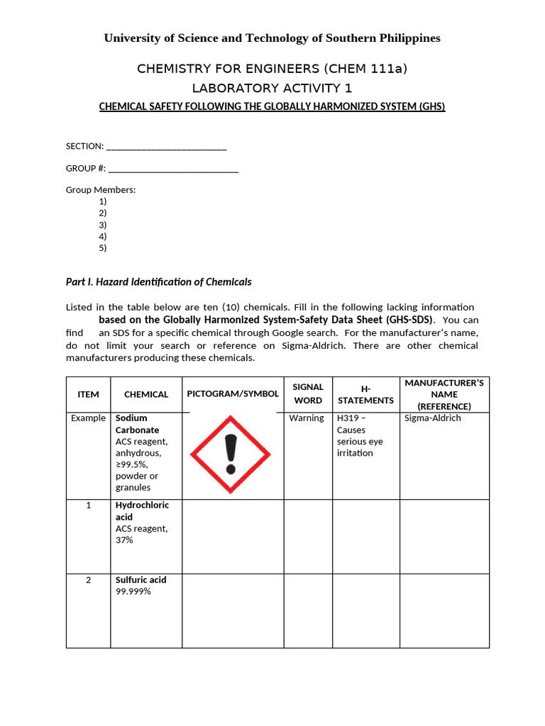 ACTIVITY 1 - LAB EXERCISE | PDF | Chemical Substances | Occupational Safety And Health