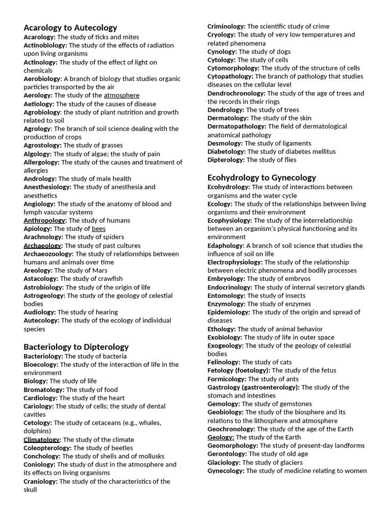 List of Sciences Ologies | PDF | Biology
