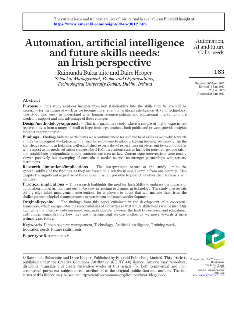 Automation, Artificial Intelligence and Future Skills Needs - An Irish Perspective - 23p | PDF ...