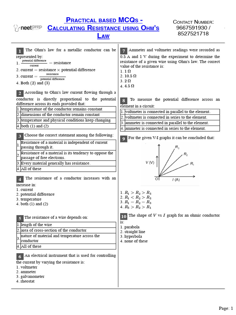 Practical_based_MCQs_Calculating_Resistance_using_Ohm's_Law | PDF ...