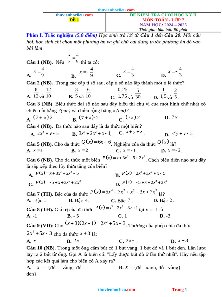 Thuvienhoclieu.com Bo 10 de Kiem Tra Cuoi HK2 Toan 7 CTM 2025 Co Dap an Ma Tran Dac Ta | PDF