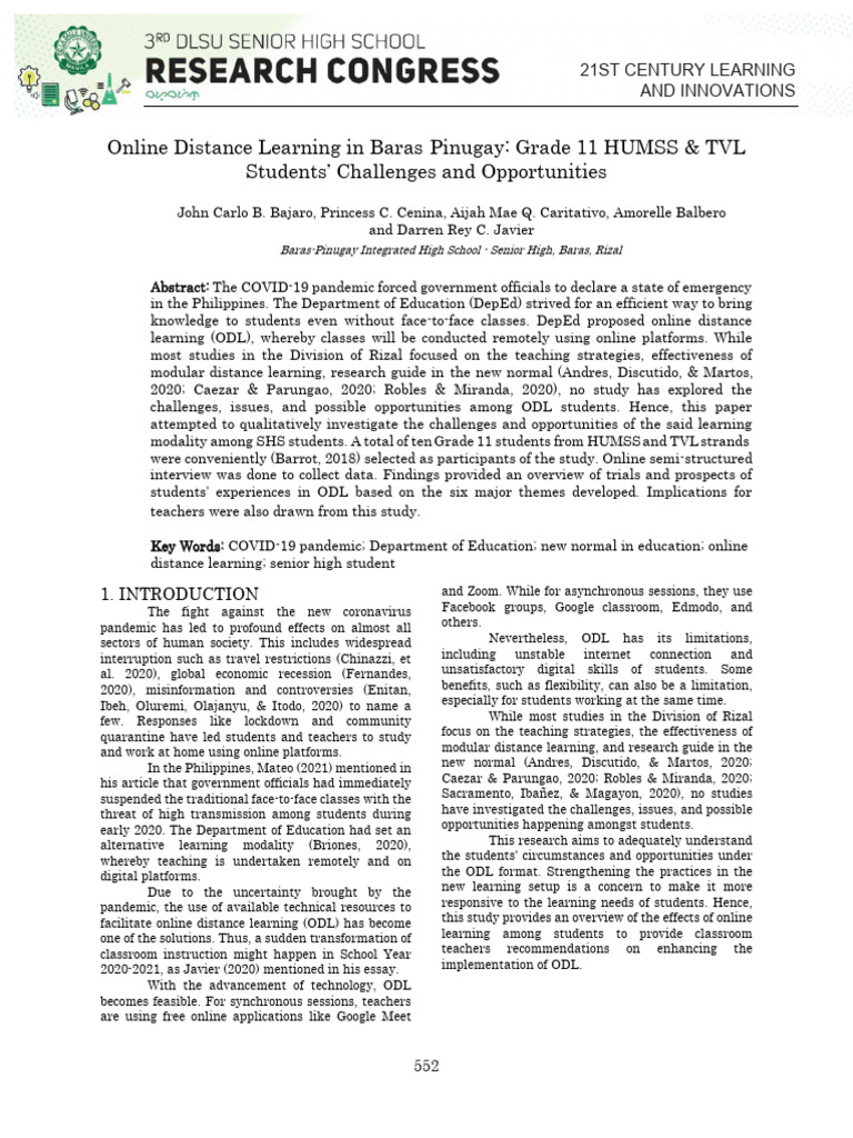 Online Distance Learning in Baras-Pinugay - Grade 11 HUMSS & TVL S | PDF | Educational ...