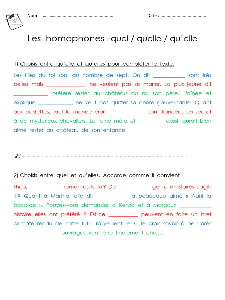 Exercices sur les homophones quel/quelle | PDF