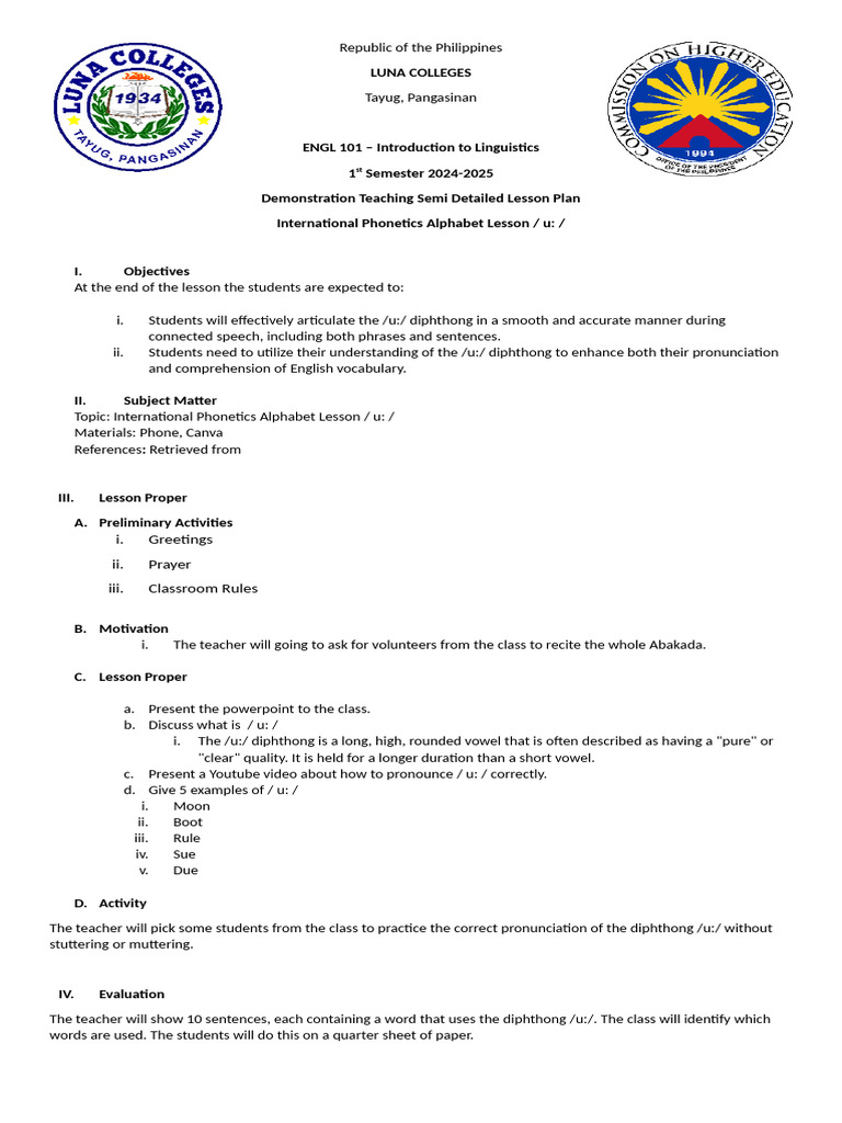 IPA Lesson Plan: Pronouncing /u:/ Diphthong | PDF | Lesson Plan | Phonetics