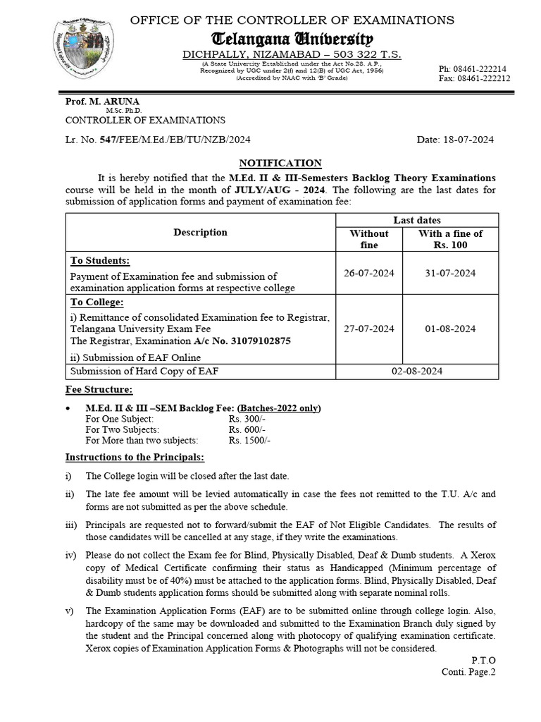 696M.Ed. II, III-SEM BL Fee Notification JULY-2024 | PDF