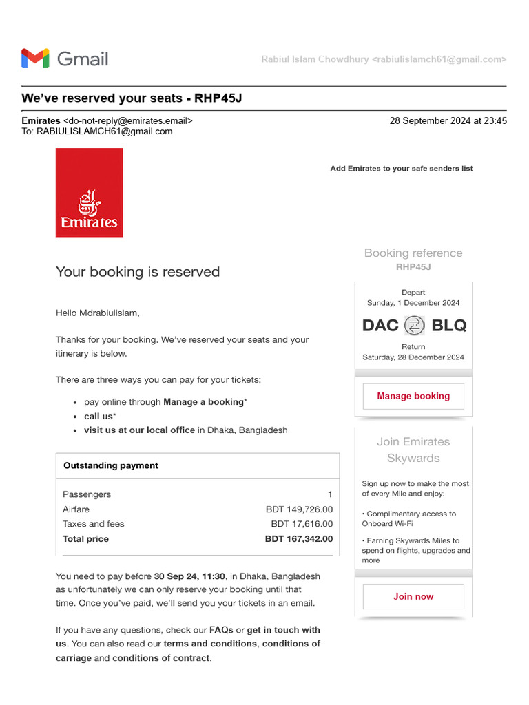Ticket Reservation Sample | PDF | Emirates (Airline) | Aviation
