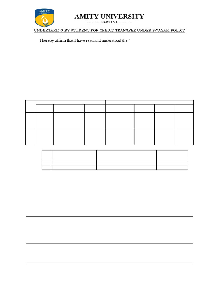 Student Undertaking for SWAYAM Credit Transfer | PDF