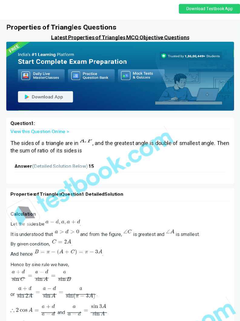 MCQ On Properties of Triangles 5eea6a1439140f30f369f1c7 | PDF